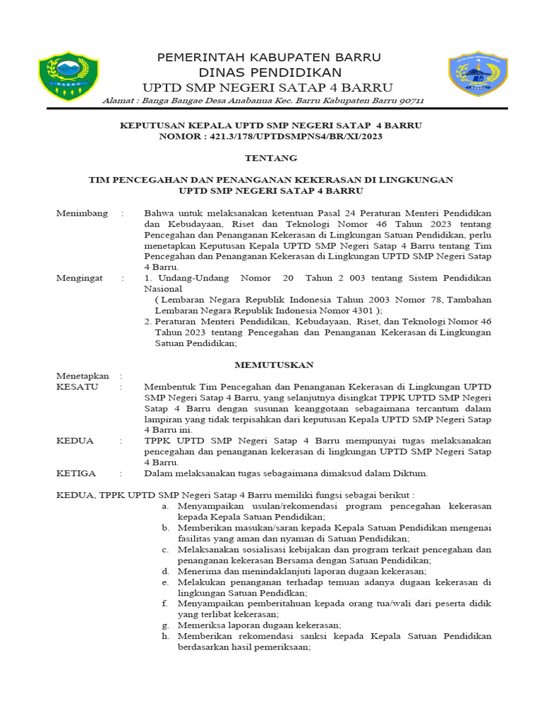 SK Pembentukan TPPK UPTD SMPN SATAP 4 BARRU | PDF