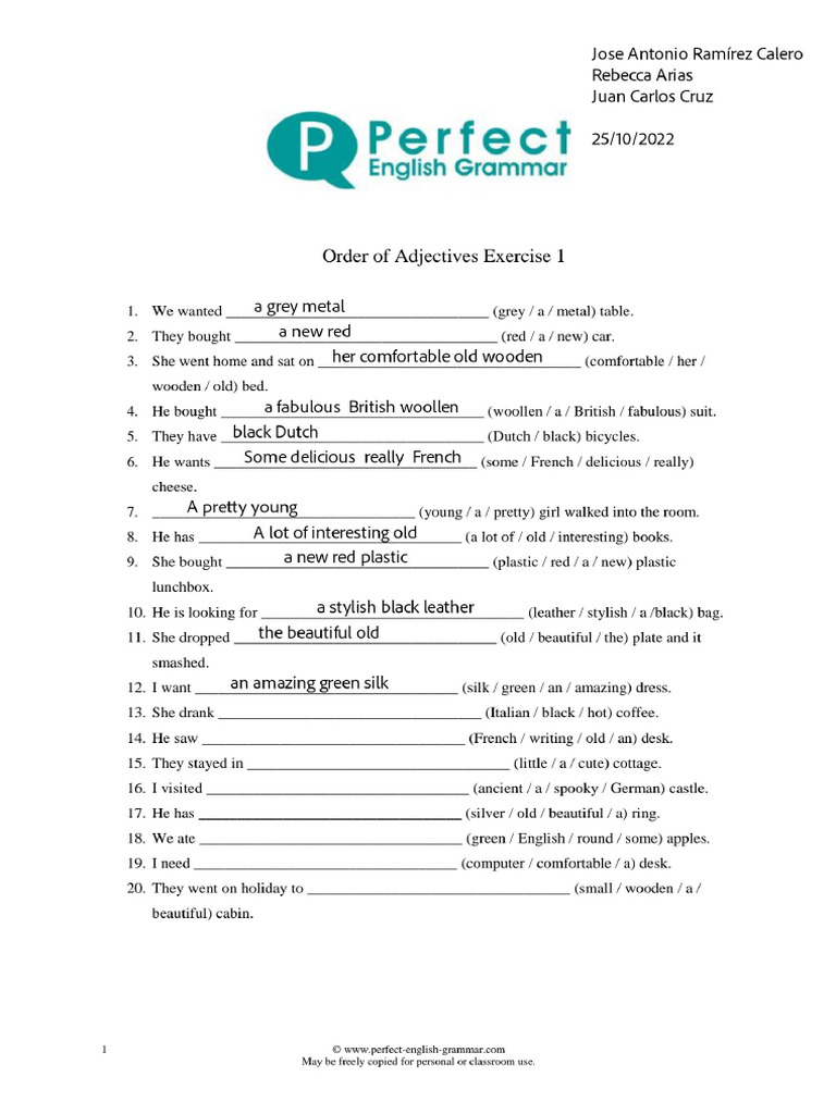 Order of Adjectives Exercise 1 | PDF