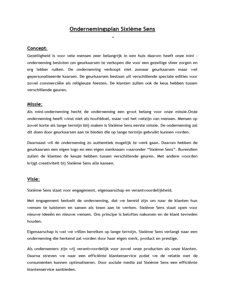 Ondernemingsplan Mini Onderneming | PDF