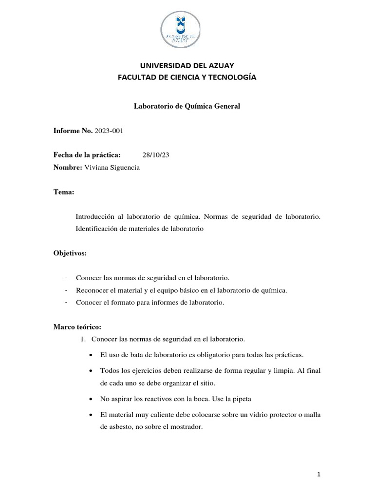 Informe de Laboratorio - 1 | PDF | Laboratorios | Química