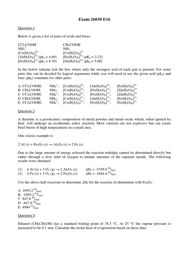 Exam 26030 E16 | PDF | Chemical Reactions | Physical Quantities