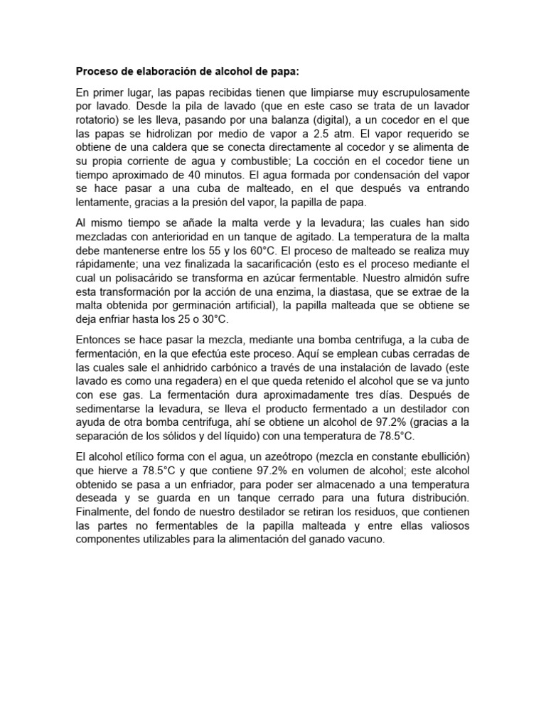 Proceso de Elaboración de Alcohol de Papa | PDF