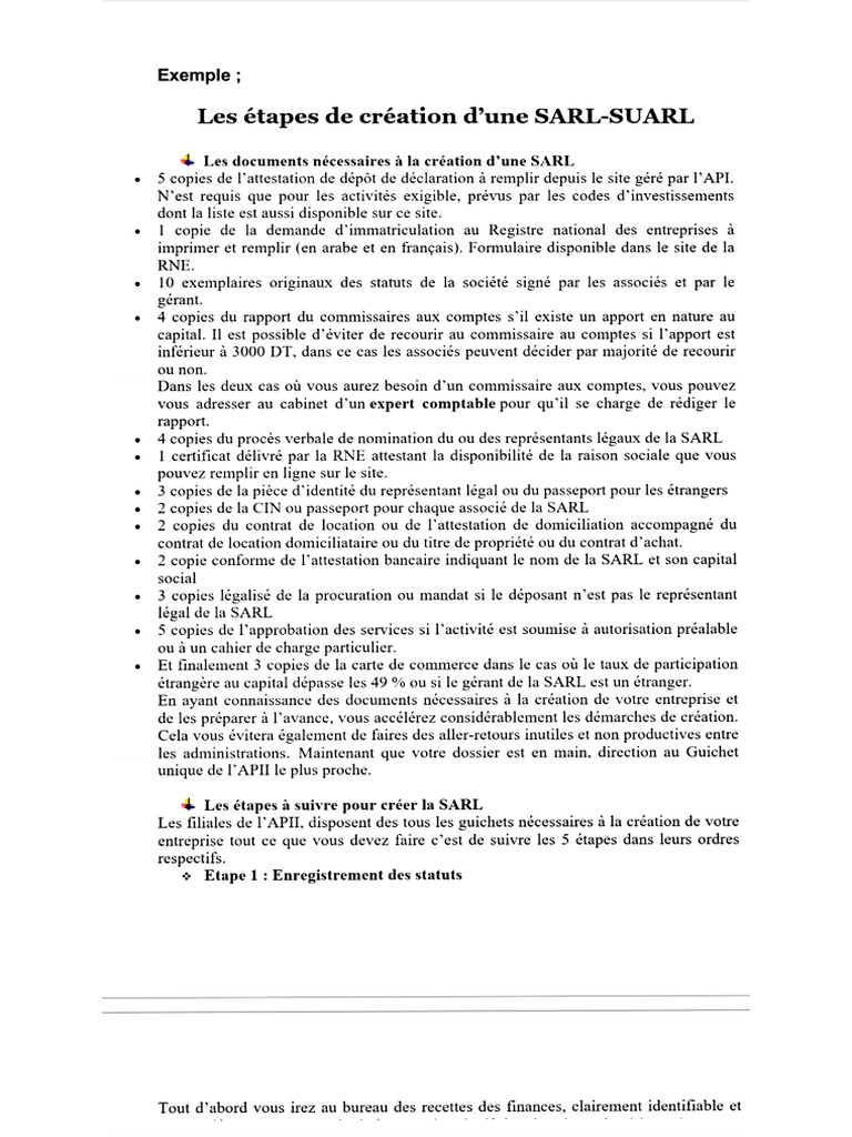 Les Etapes de Création D'une SARL, SUARL | PDF