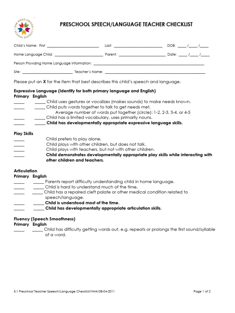 Preschool Speech/Language Checklist | PDF | Speech | English Language