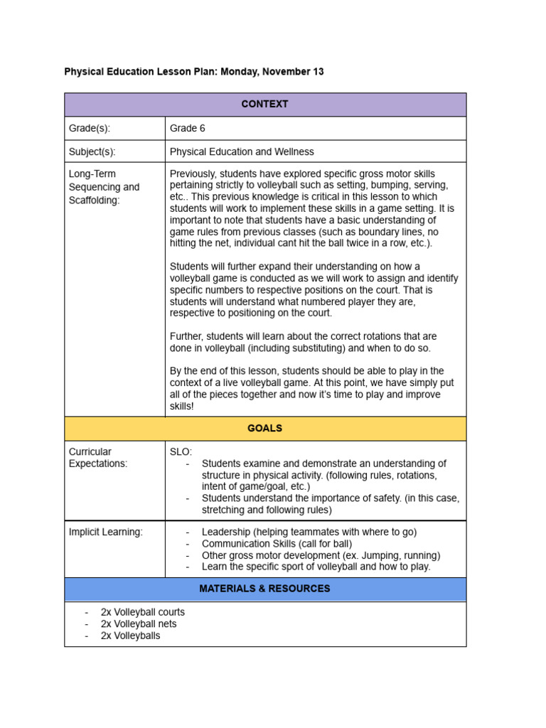 Physical Education Lesson Plan Monday November 13 1 | PDF | Volleyball ...