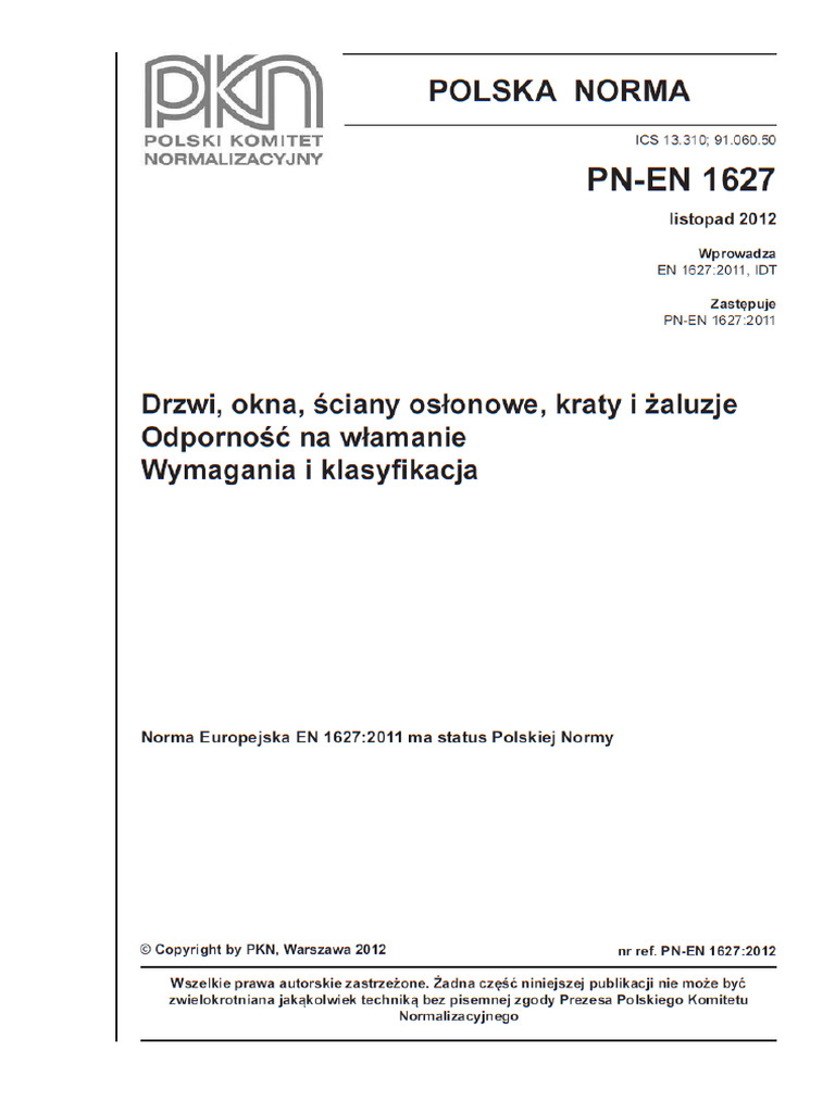 PN-EN 1627 - 2012P Drzwi, Okna, Ściany Osłonowe | PDF