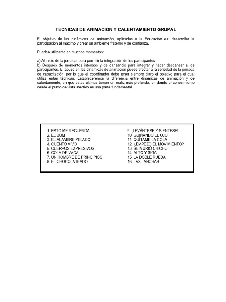 Tecnicas de Animación y Calentamiento Grupal | PDF