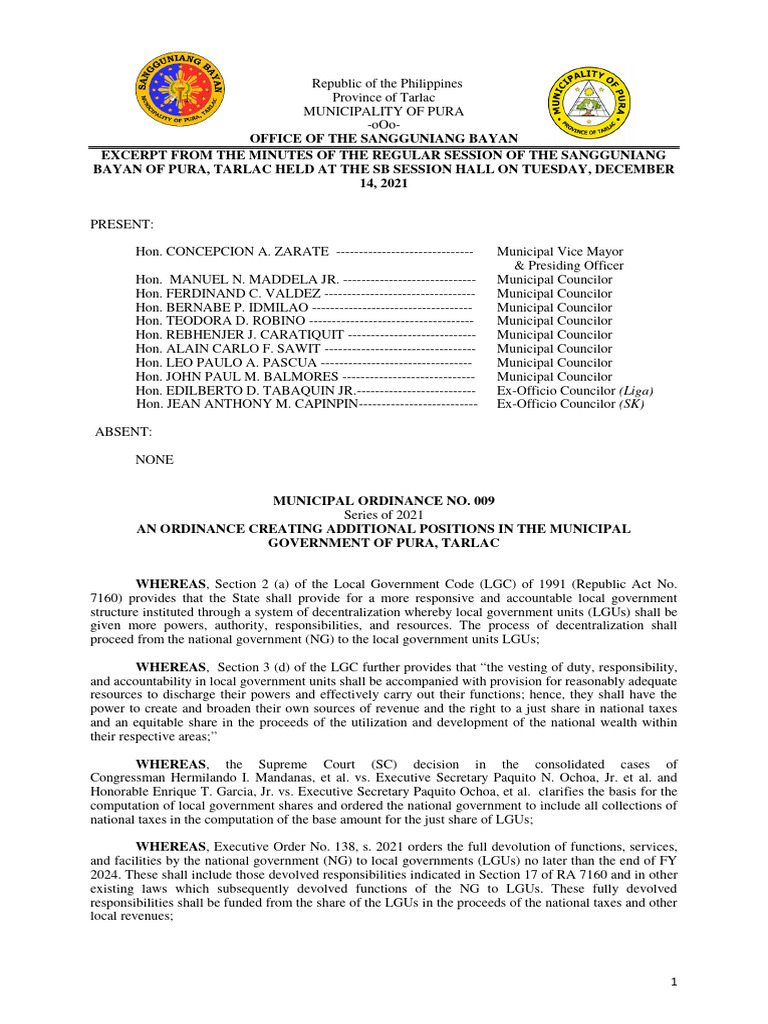 Municipal Ordinance No. 009 Series of 2021 (Creation of Positions ...