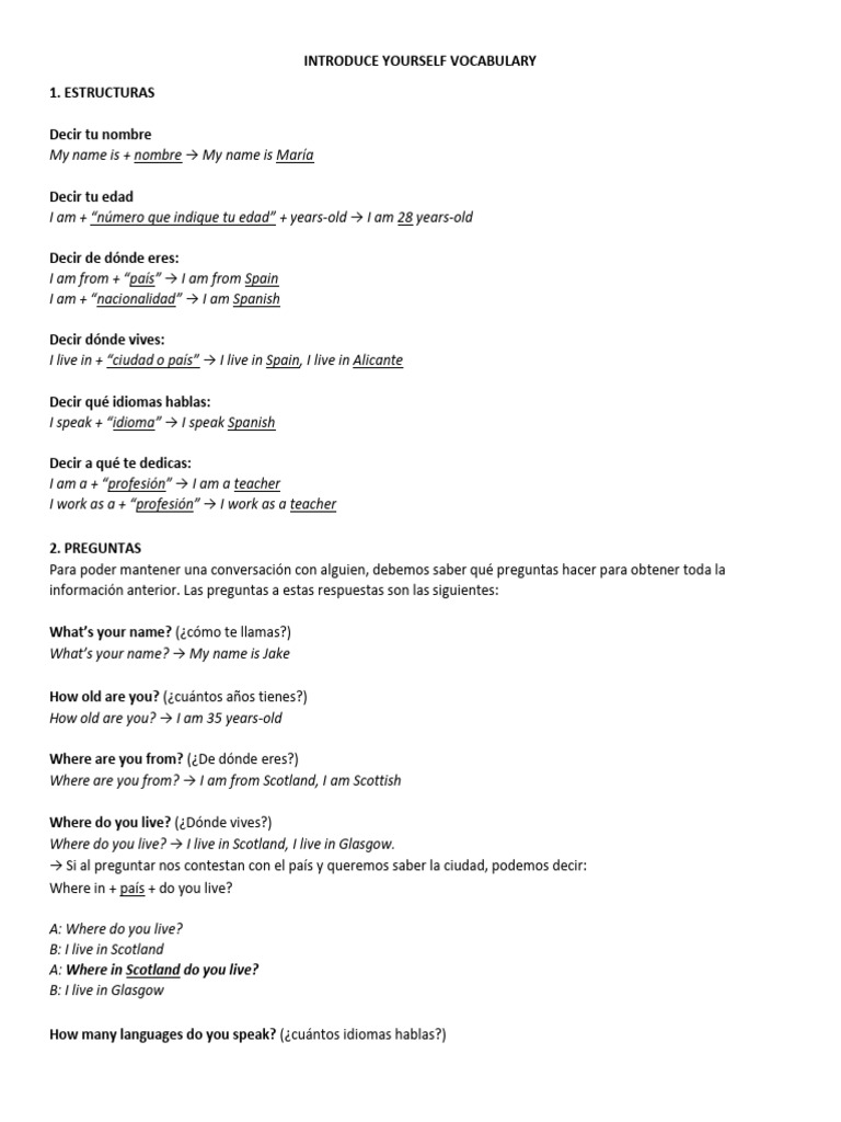 Introduce Yourself Vocabulary | PDF