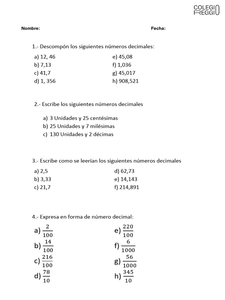 Ejercicios Números Decimales | PDF | Métodos y materiales de enseñanza