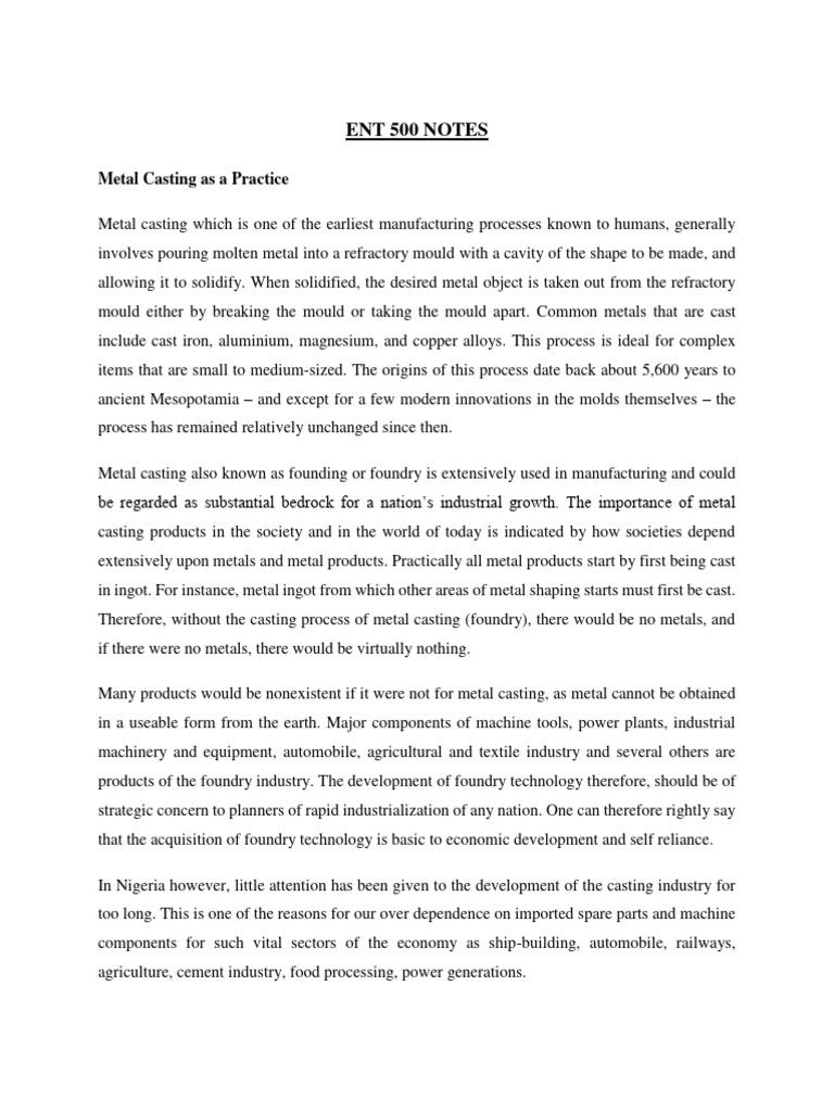 ENT 500 - Lecture - Notes | PDF | Casting | Foundry