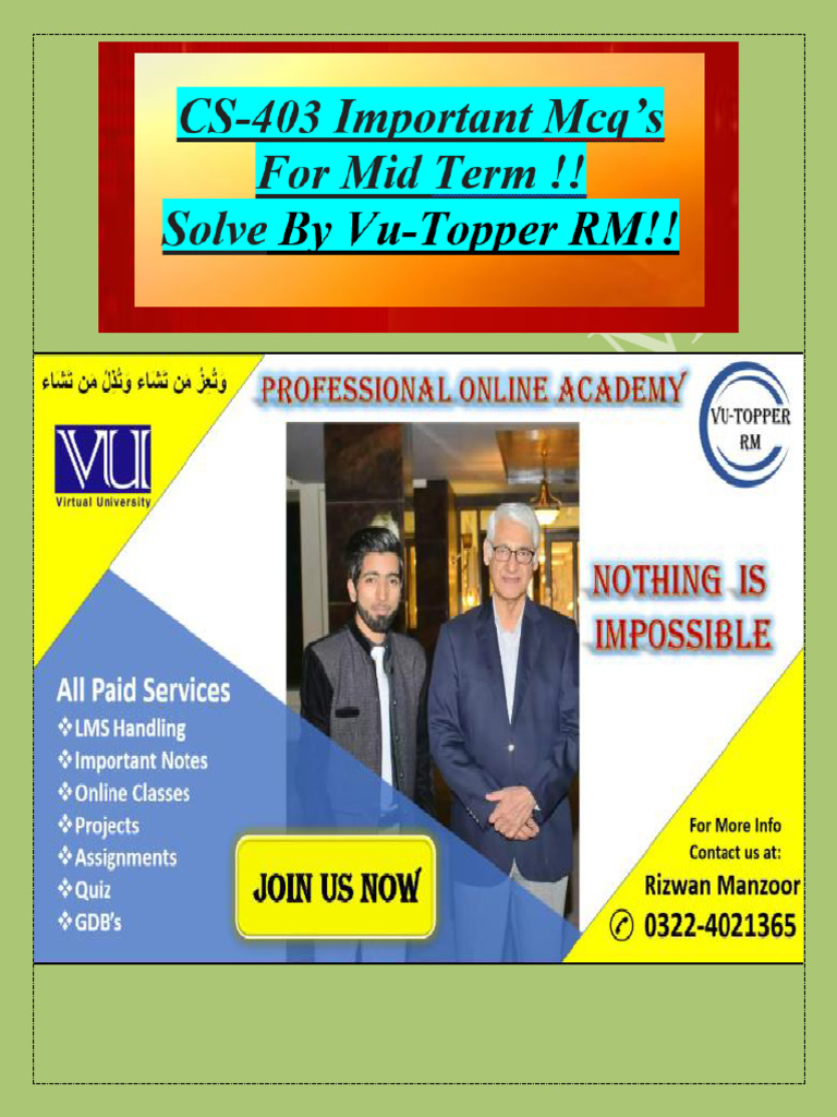 CS403 Quiz-2 by Vu Topper RM | Download Free PDF | Databases ... CS403 Quiz-2 by Vu Topper RM | Download Free PDF | Databases ...