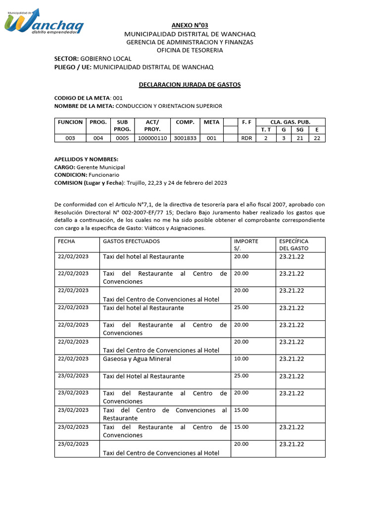 Anexo N°03 - Declaracion Jurada (1) Febrero | PDF
