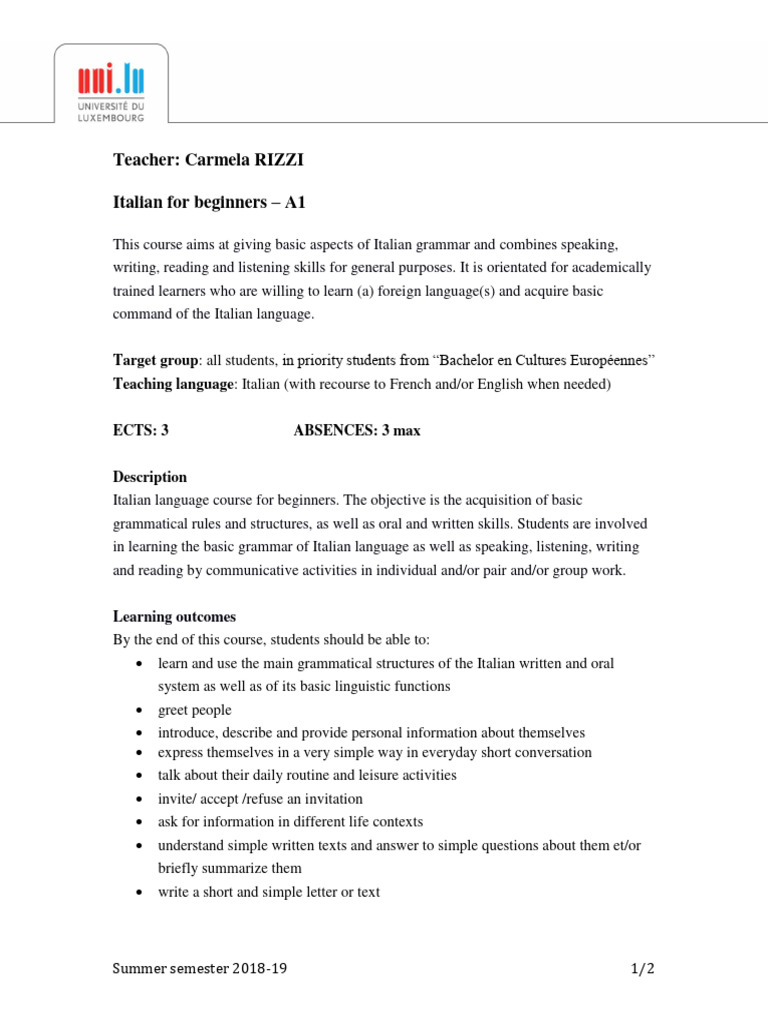 Italian For Beginners A1 | PDF | Grammar | Italian Language