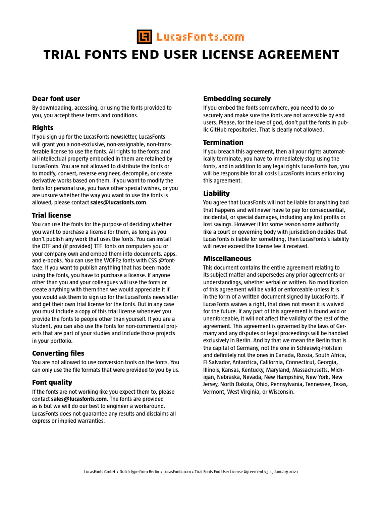 LucasFonts Trial Fonts License v3.1 | PDF | License | Business Law