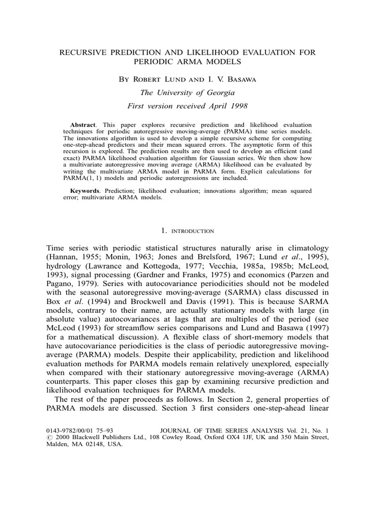 Lund and Basawa (2000) (Recursive Prediction and Likelihood Evaluation For Periodic ARMA Models ...