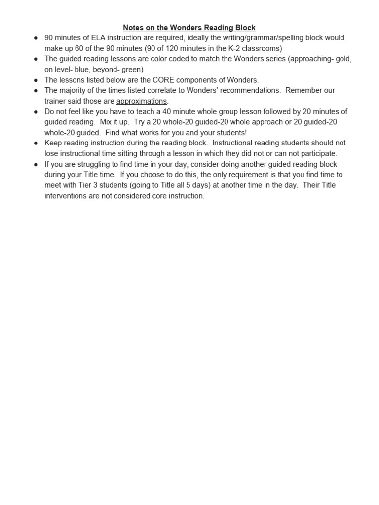 Wonders Schedule For Reading | PDF | Reading Comprehension | Phonics