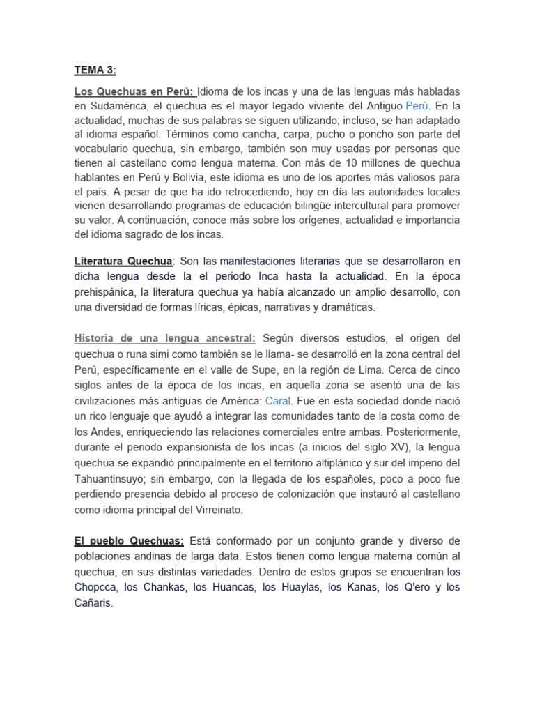 Idioma Quechua: Legado Inca en Perú | PDF | Perú | Imperio Inca