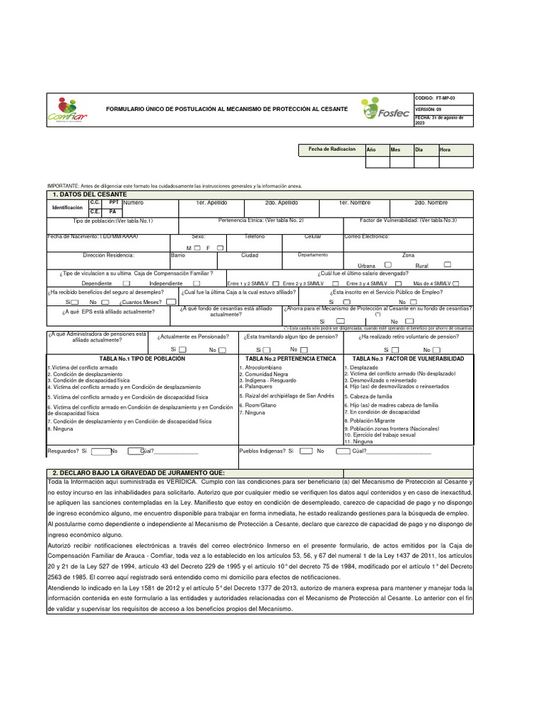 Formulario Postulacion FT-MP-03 V9 | PDF