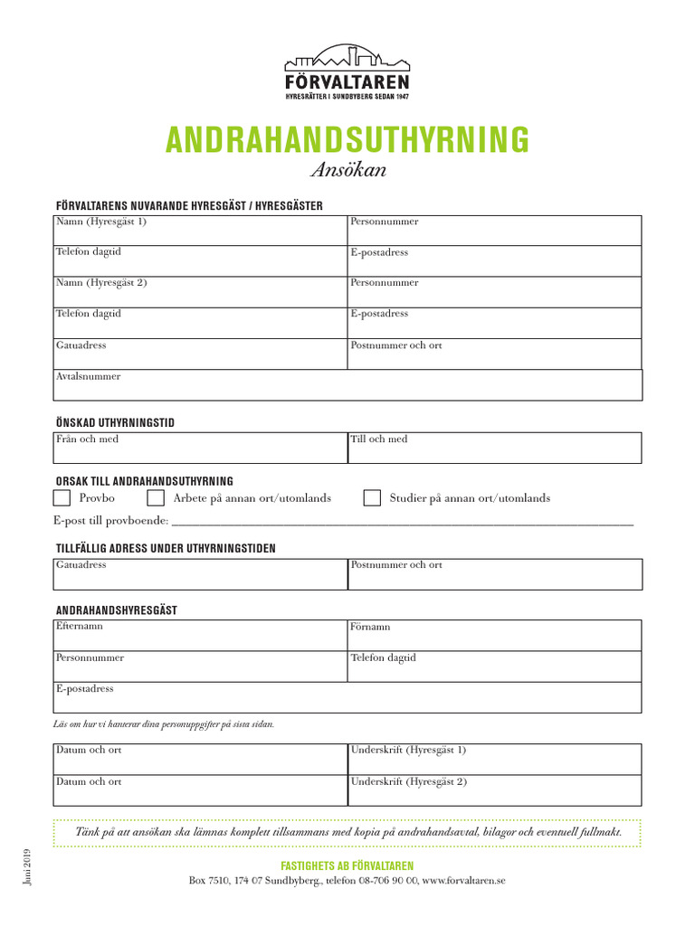 Blankett M Bilaga Andrahandsuthyrning 190620 | PDF