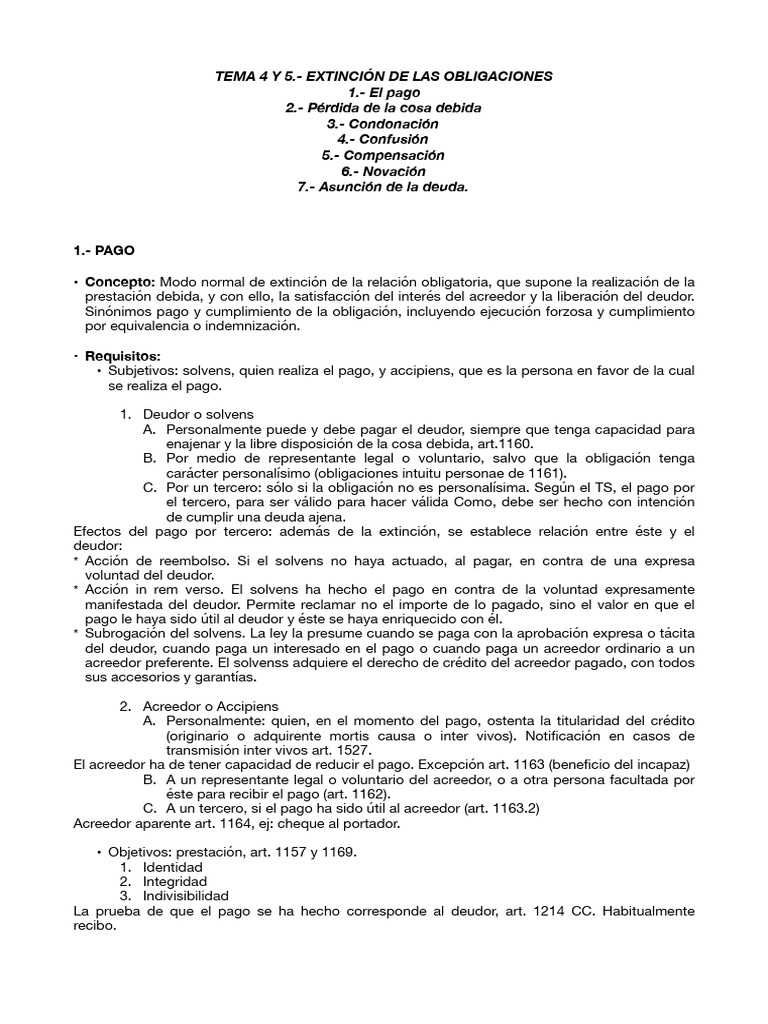 Tema 4,5: EXTINCIÓN DE LAS OBLIGACIONES | PDF | Pagos | Derecho privado