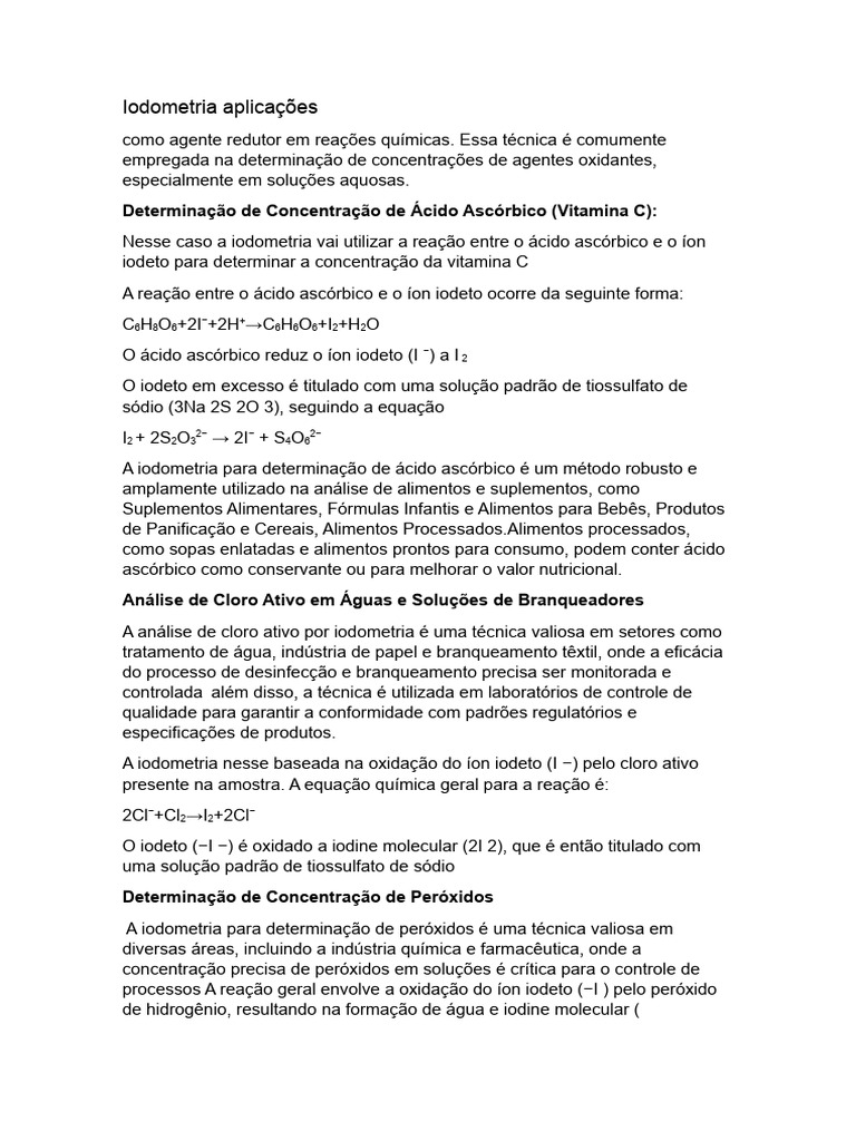 Iodometria Aplicações | PDF | Reações químicas | Cloro