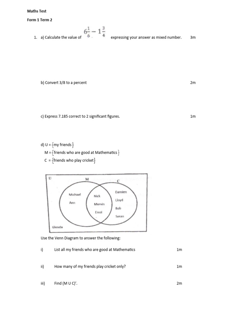Maths Test Form 1 Term 2 | PDF