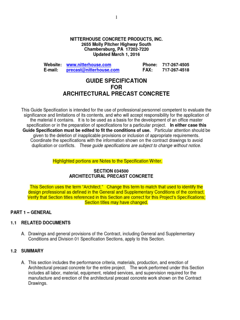 Architectural Precast Guide Specifications 03 01 16 | PDF | Stainless ...