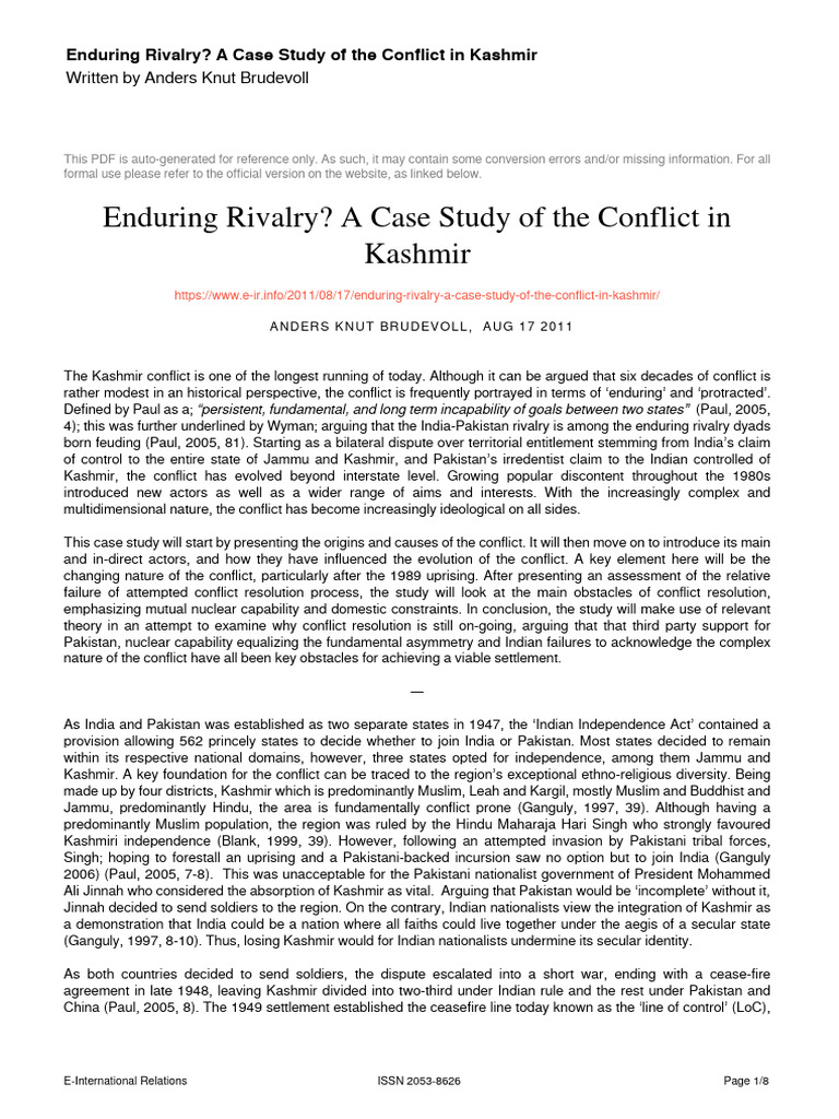 Enduring Rivalry A Case Study of The Conflict in Kashmir | PDF | Pakistan | Ceasefire