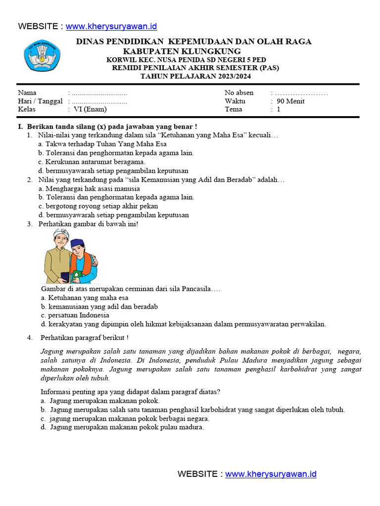 SOAL & Jawaban PAS KLS 6 TEMA 1 Ver. 1 - WWW - Kherysuryawan.id | PDF