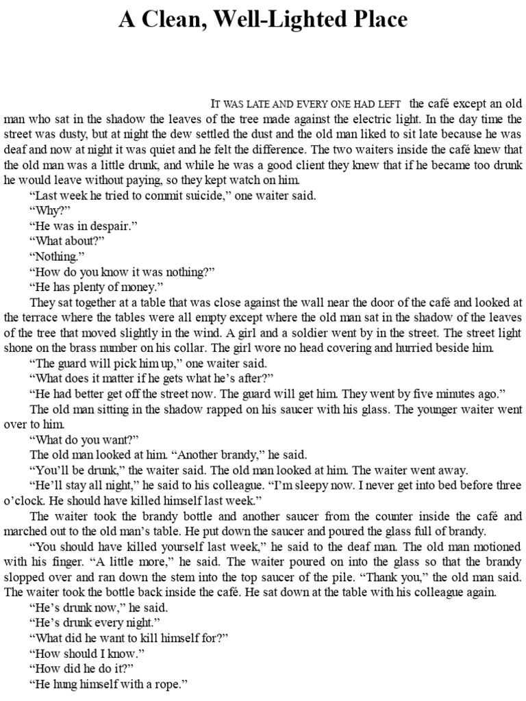 A Clean, Well-Lighted Place Ernest Hemingway (1933) | PDF | Waiting Staff