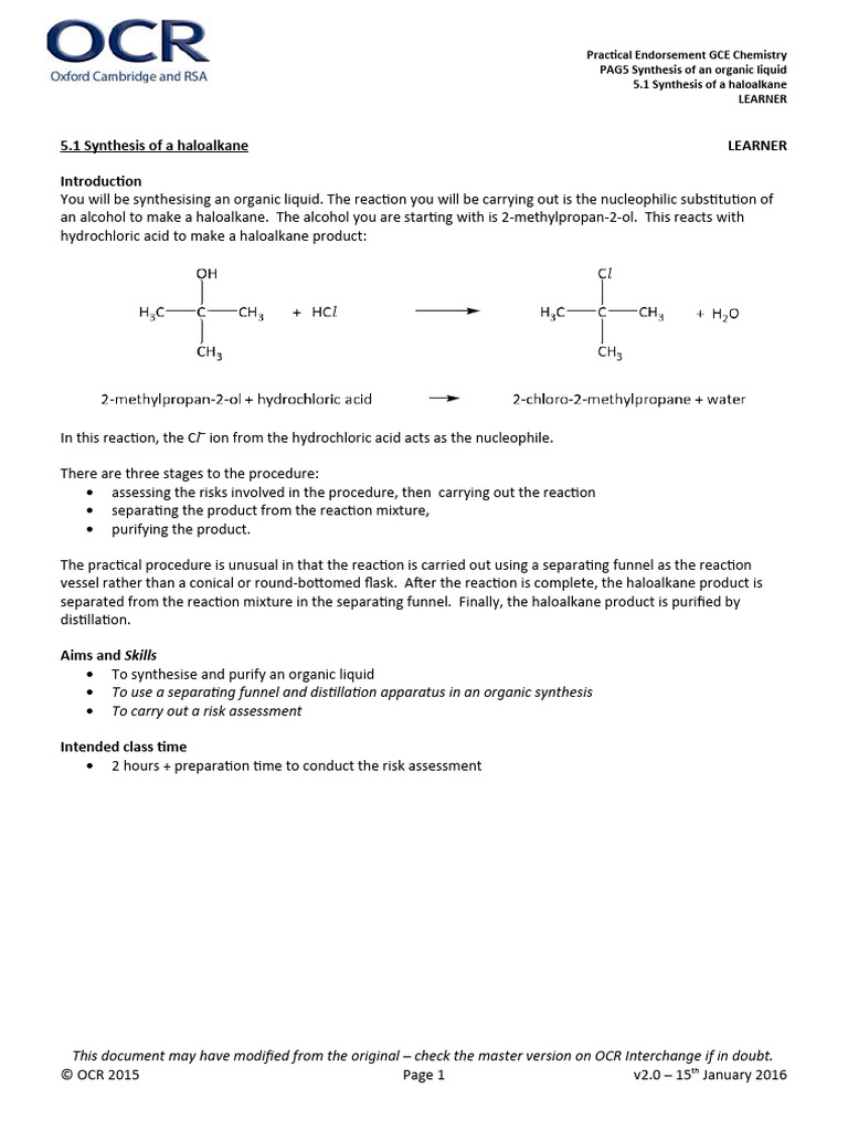 Chemistry PAG 5.1 Learner v2.0 | PDF | Distillation | Hydrochloric Acid