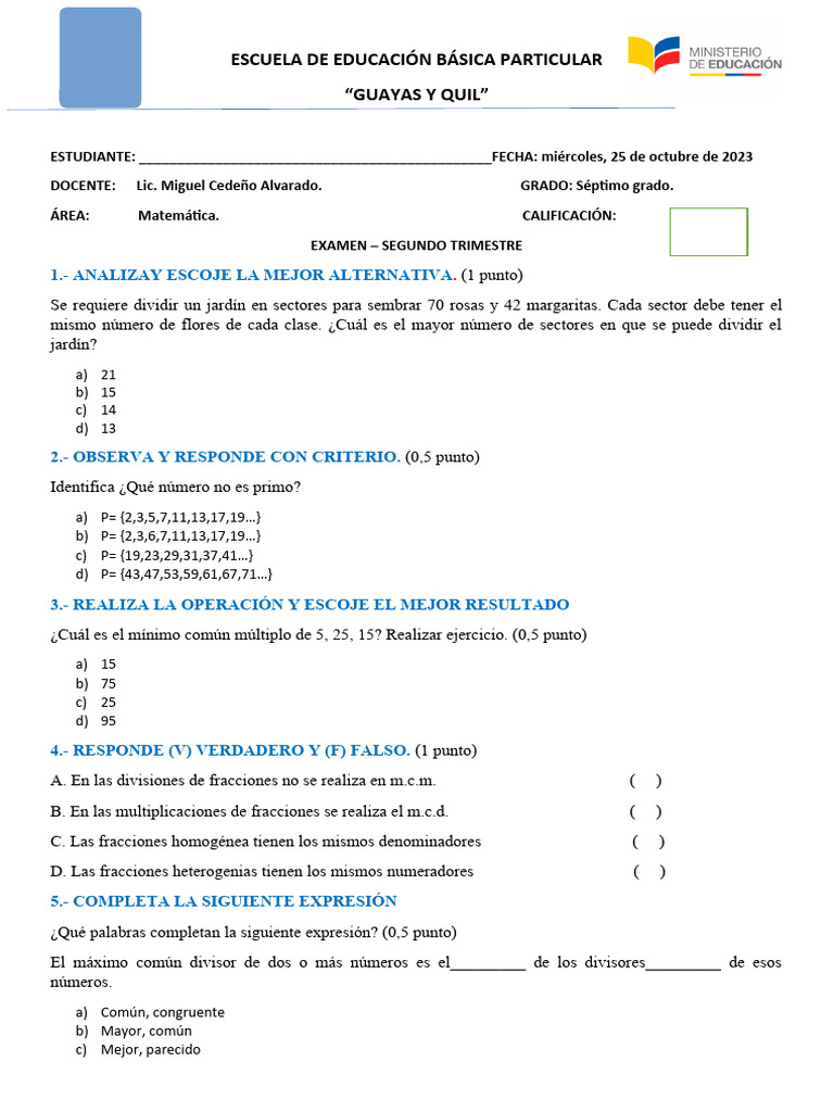 Examen de Matemáticas Séptimo Grado | PDF | Teoría de los números ...