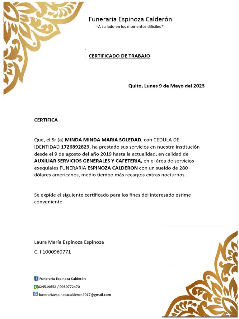 Certificado de Trabajo Funeraria | PDF | Cocina, comidas y vino