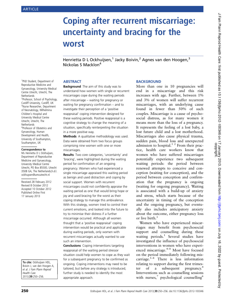Coping After Recurrent Miscarriage - Uncertainty and Bracing For The ... Coping After Recurrent Miscarriage - Uncertainty and Bracing For The ...