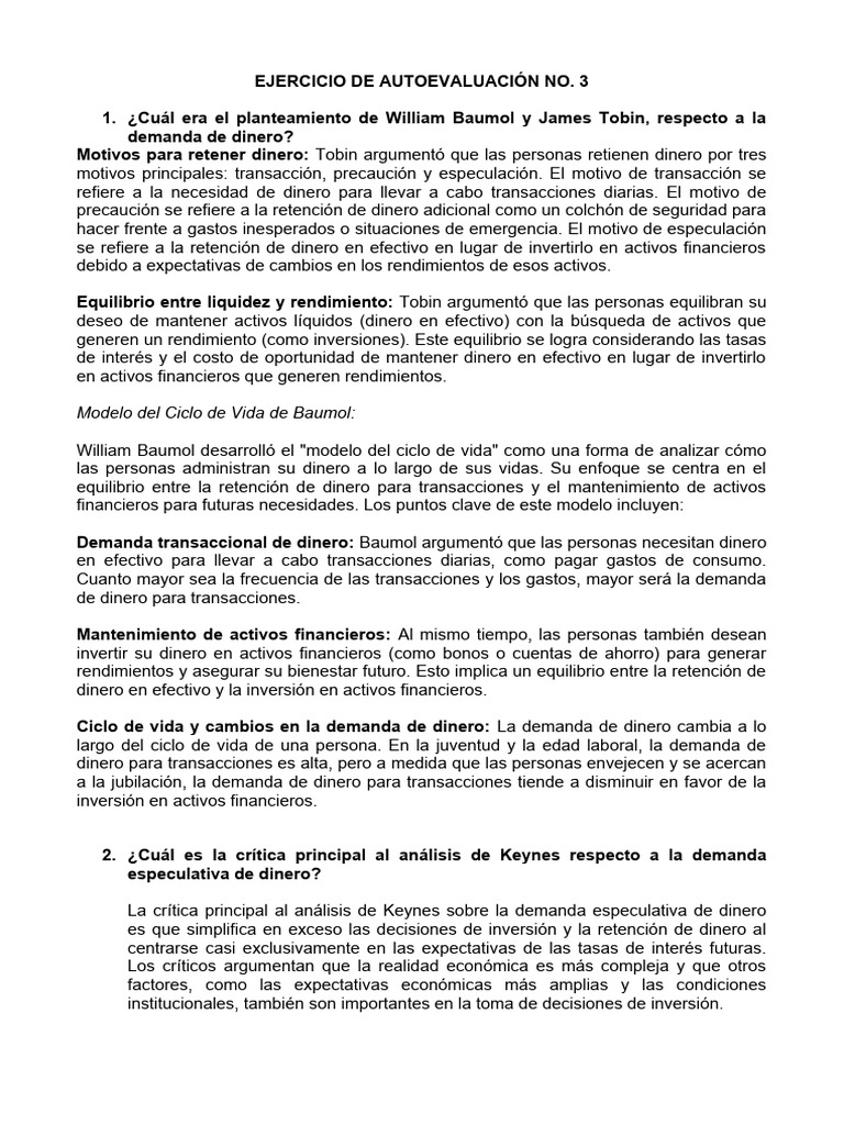 Ejercicio de Autoevaluación No. 3 | PDF | Monetarismo | John Maynard Keynes
