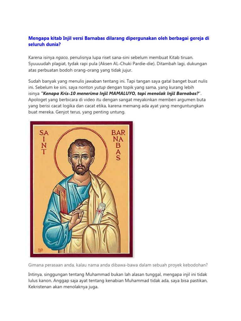 Mengapa Kitab Injil Versi Barnabas Dilarang Dipergunakan Oleh Berbagai ...