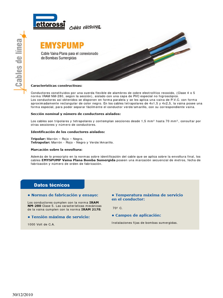 PETTOROSSI EMYSPUMP Cable - Vaina - Plana - Bomba - Sumergida | PDF | Conductor electrico ...