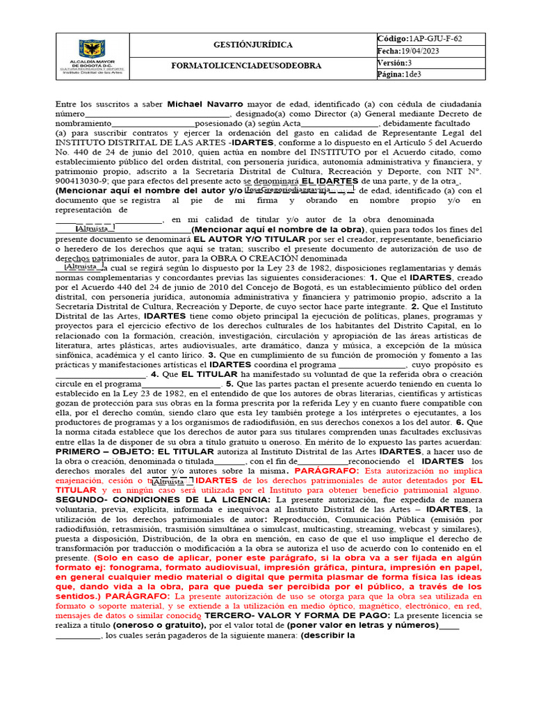 Formato Licencia de Uso de Obra - 0 | Descargar gratis PDF | Autor