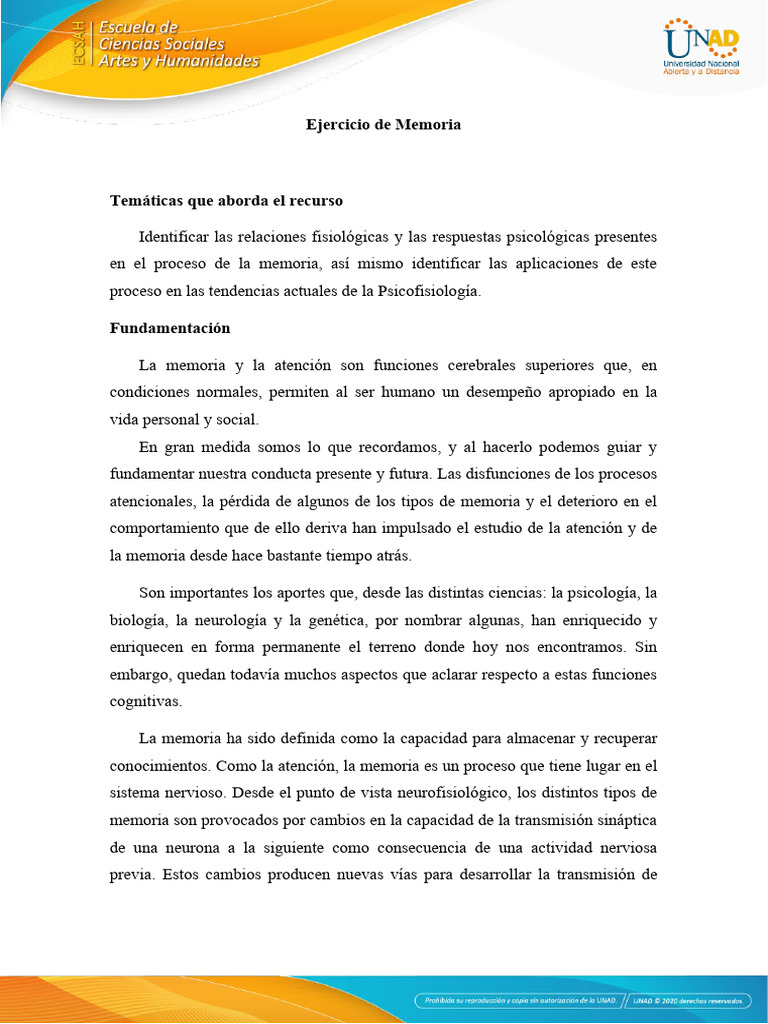 Anexo 4 Tarea 1 Ejercicio De Memoria Pdf Memoria Cerebro