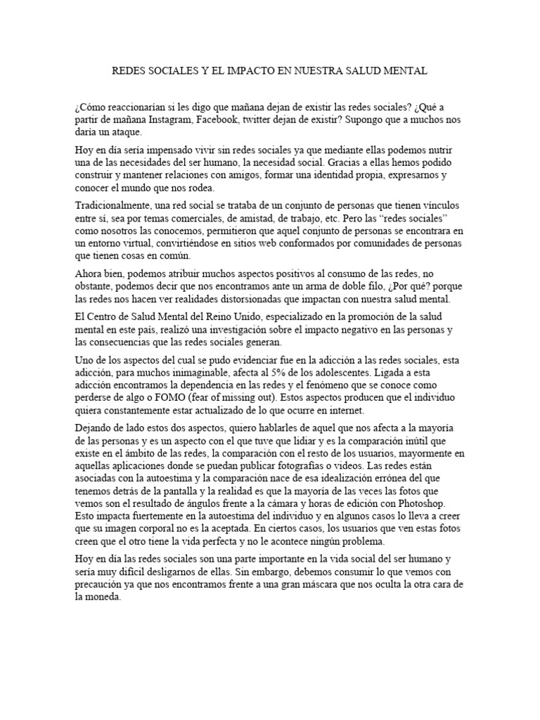 Impacto de Redes Sociales en Salud Mental | PDF | Red social | Salud mental