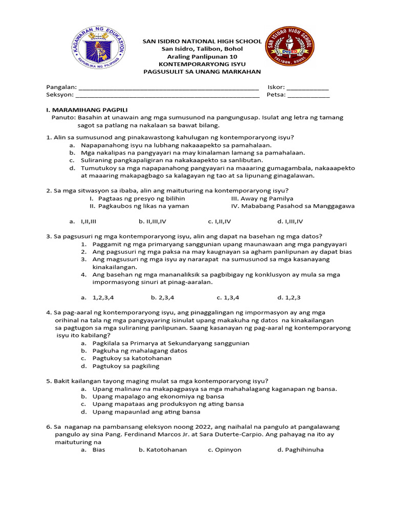Ap 10 Pagsusulit Sa Unang Markahan | PDF