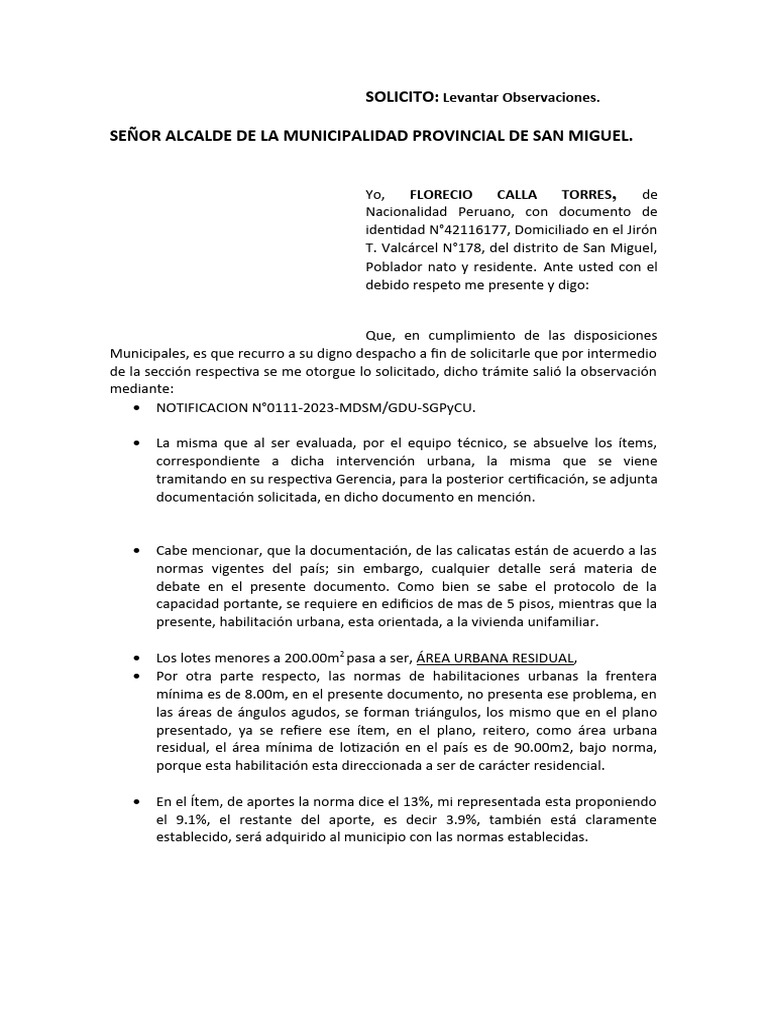 SOLICITUD de Levantamiento de Observaciones | PDF