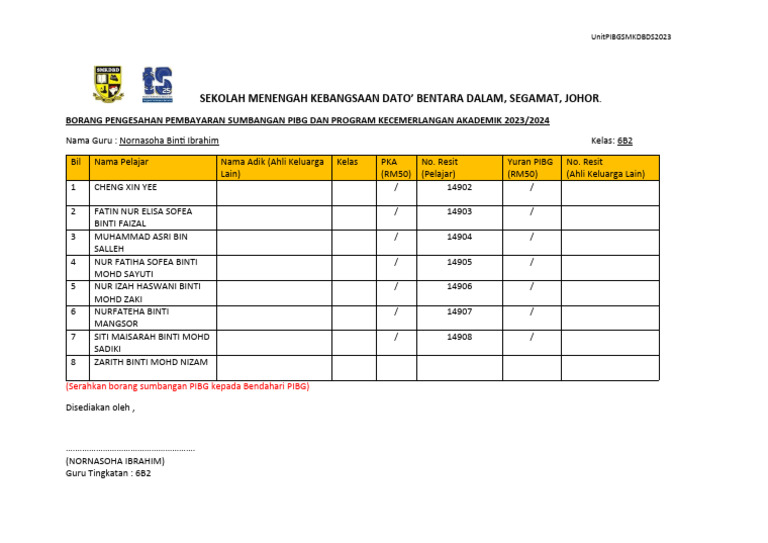 Borang Serahan Sumbangan Pibg | PDF