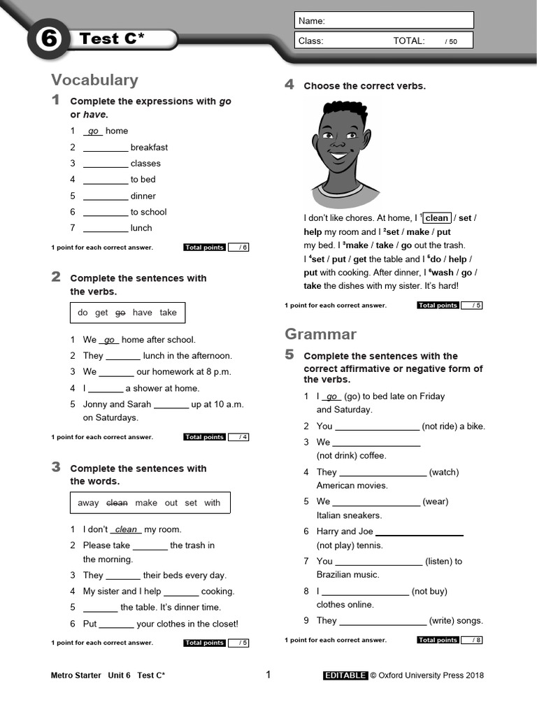 Metro Starter Unit 6 Test C One Star | PDF | Language Mechanics | Grammar