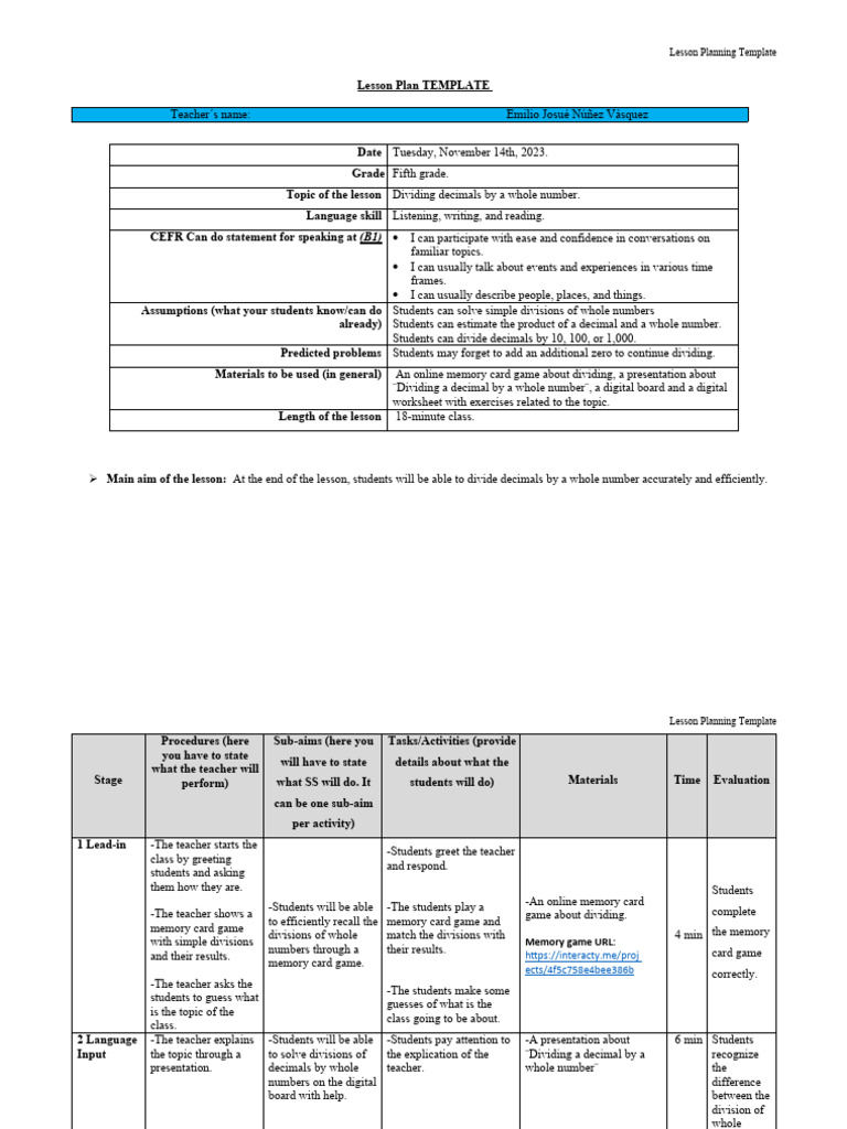 Lesson Plan Template - Dividin Decimal by Whole Numbers | PDF | Lesson ...
