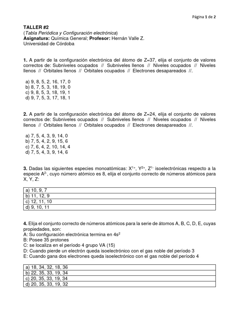 Taller #2 (Qca - Fund-I - 2022-3) | PDF | Configuración electronica ...