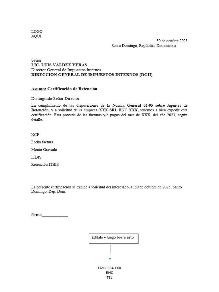 Modelo Carta Retención DGII | PDF