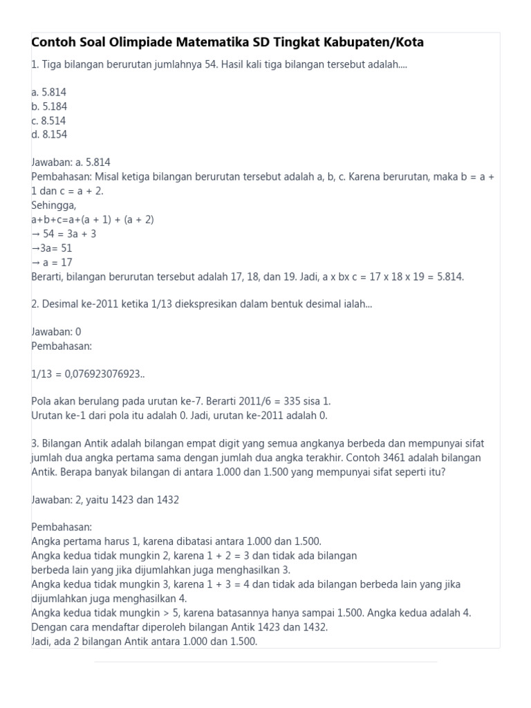 Contoh Soal Olimpiade Matematika SD Level 2 | PDF