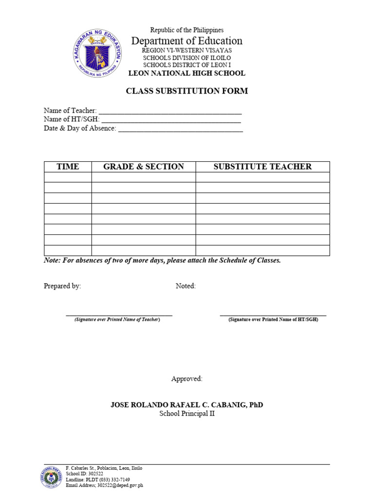 Class Substitution Form | PDF